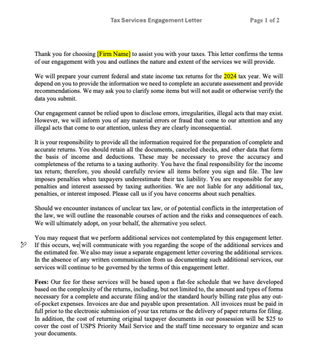 Free Sample Tax Services Engagement Letter (Editable Word Format ...